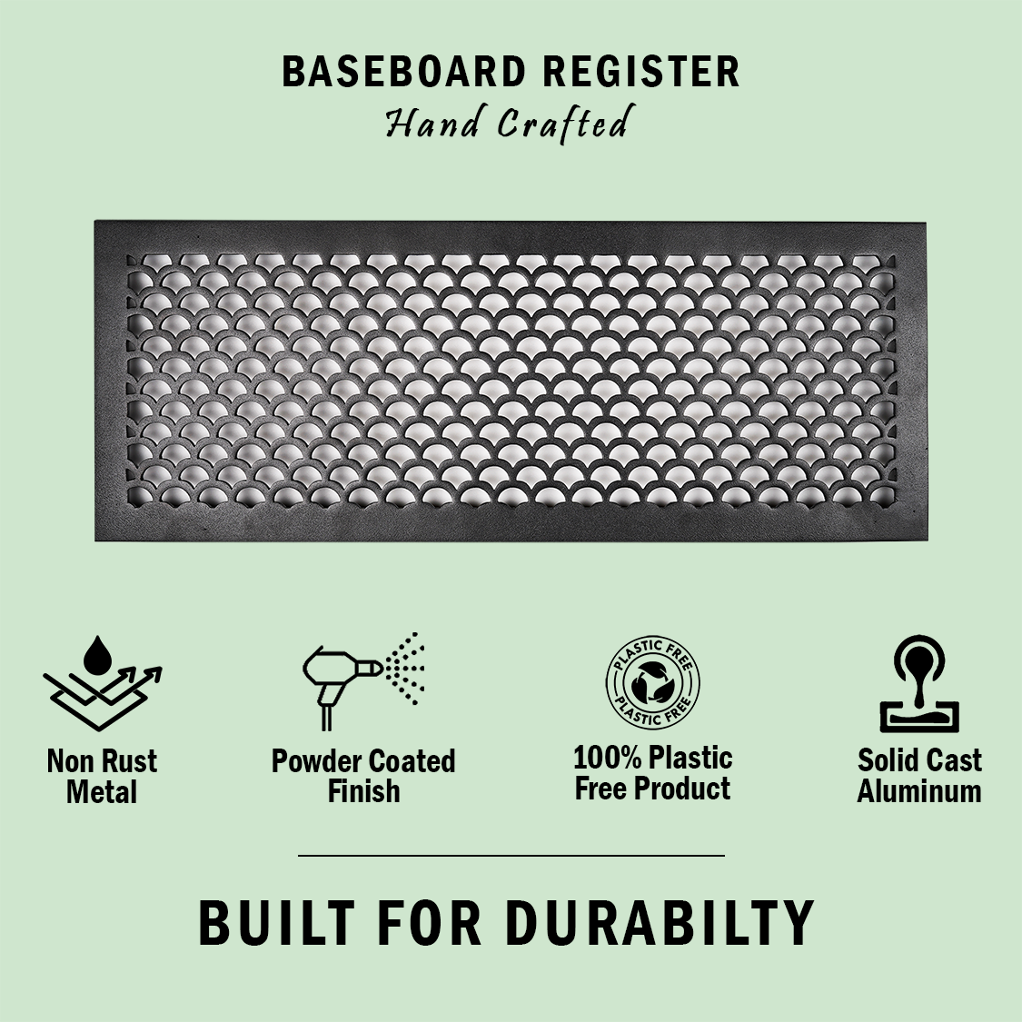 Scallop BASEBOARD 6"x10" Duct opening Solid Cast Aluminum Grill Vent C